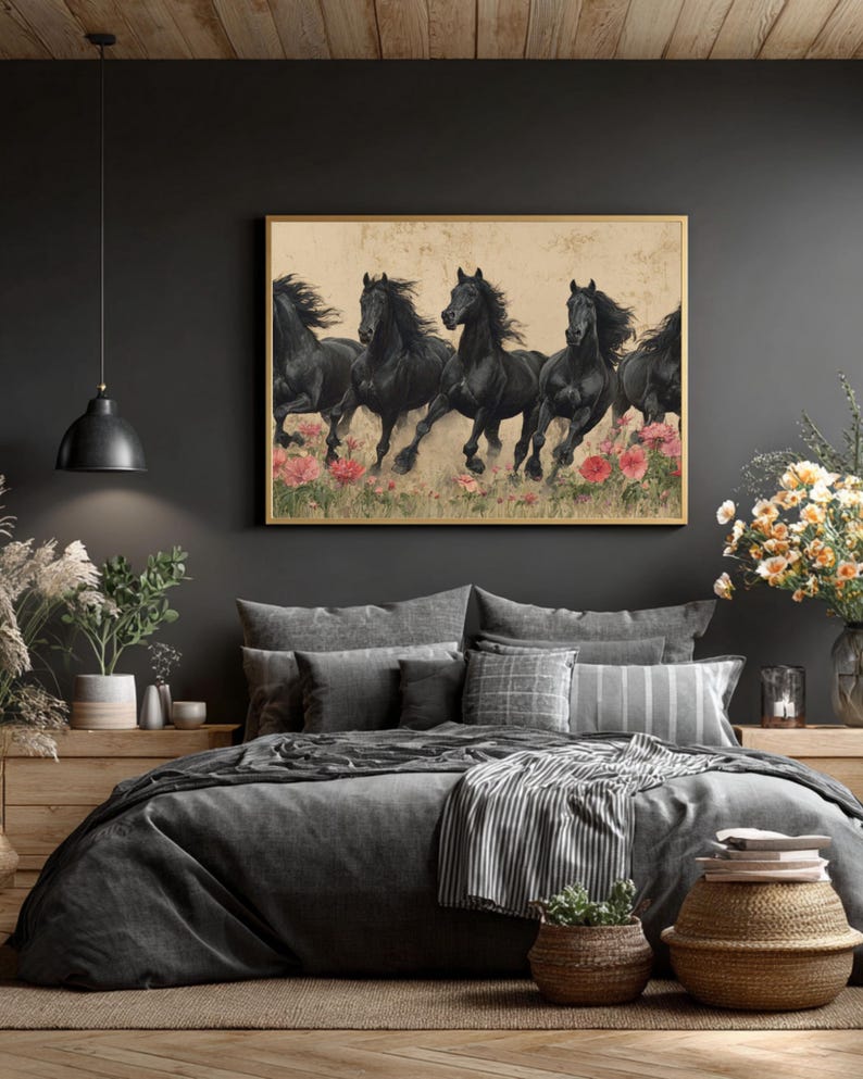 Black Horses Running Oil Painting, Floral Field Art, Beige Background ...