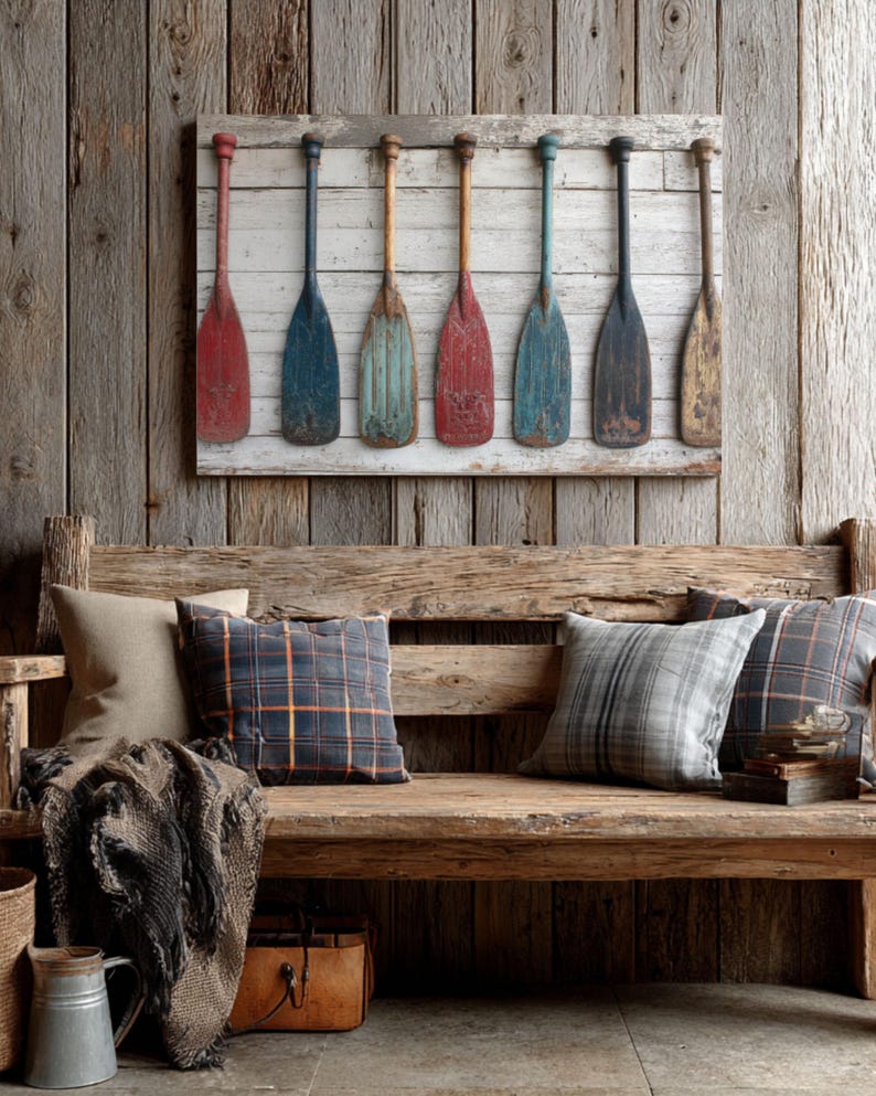 Vintage Oars Wall Art, Rustic Coastal Canvas, Distressed Canoe Paddles ...