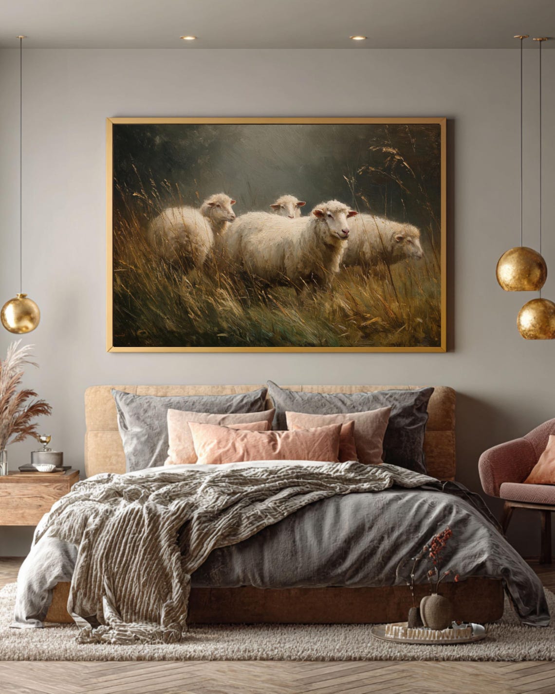 Vintage Sheep Oil Painting Print, Moody Foggy Pasture Scene in Muted ...