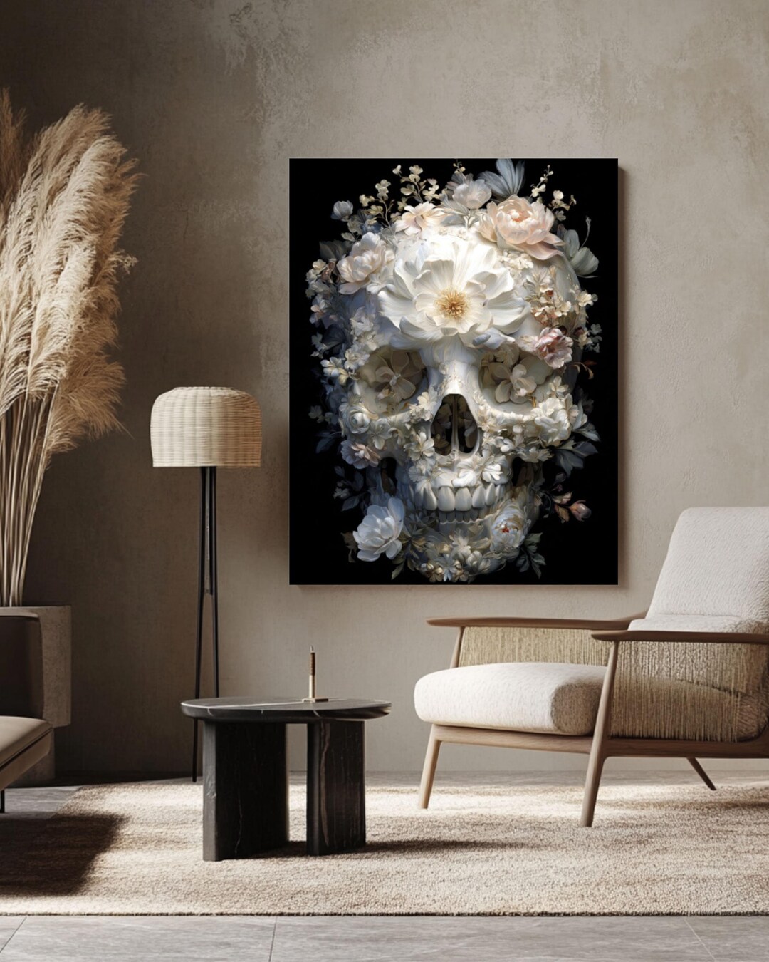 Pastel Skull Floral Art, Ray Caesar Style Abstract, Black and White ...