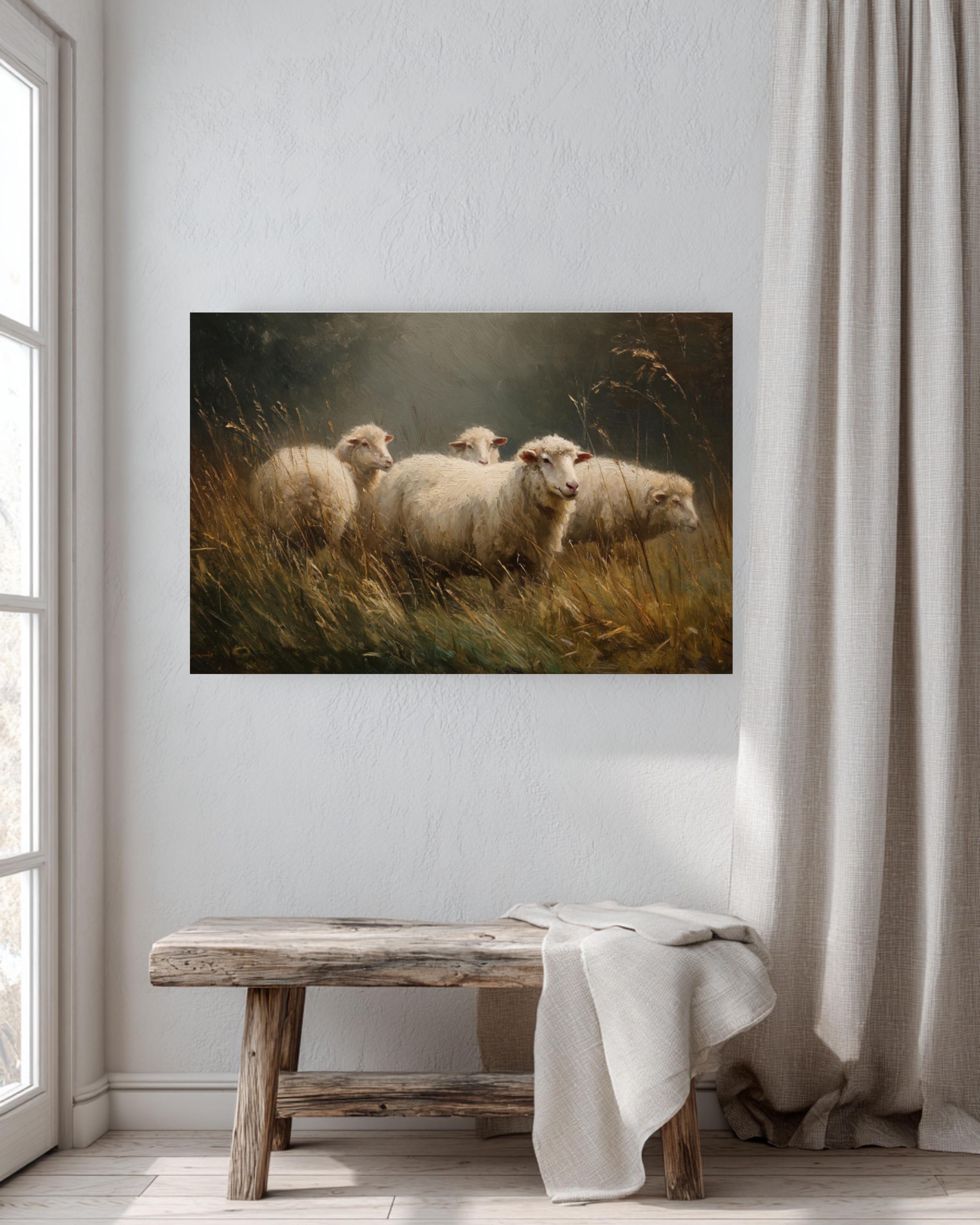 Vintage Sheep Oil Painting Print, Moody Foggy Pasture Scene in Muted ...