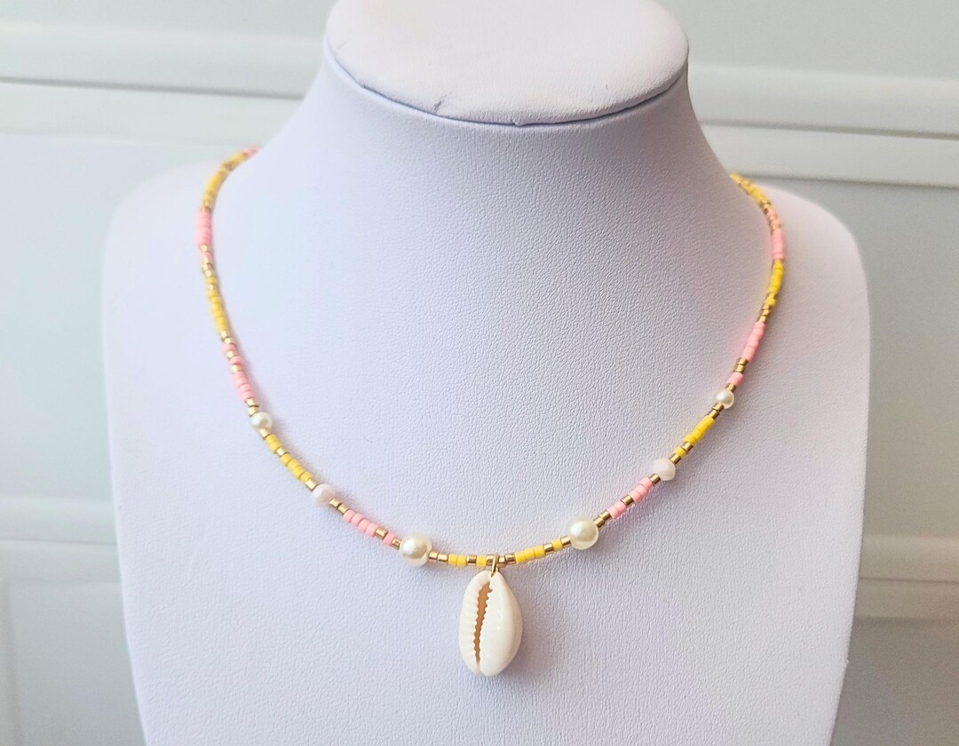 Cowrie Shell Necklace, Yellow Pink Seed Beads, Freshwater Pearl, Beachy ...