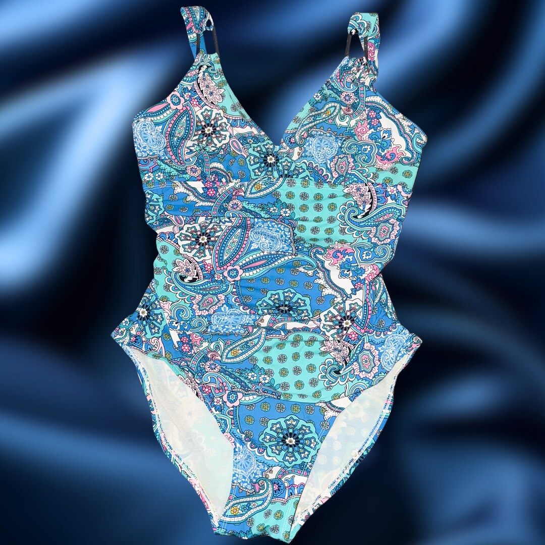 Y2K Paisley One Piece Swimsuit - Pink & Blue Bathing Suit - Size M ...