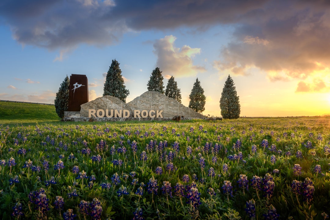 Round Rock, Texas Monument Sign: Bluebonnets in Spring, Sunset, Print ...