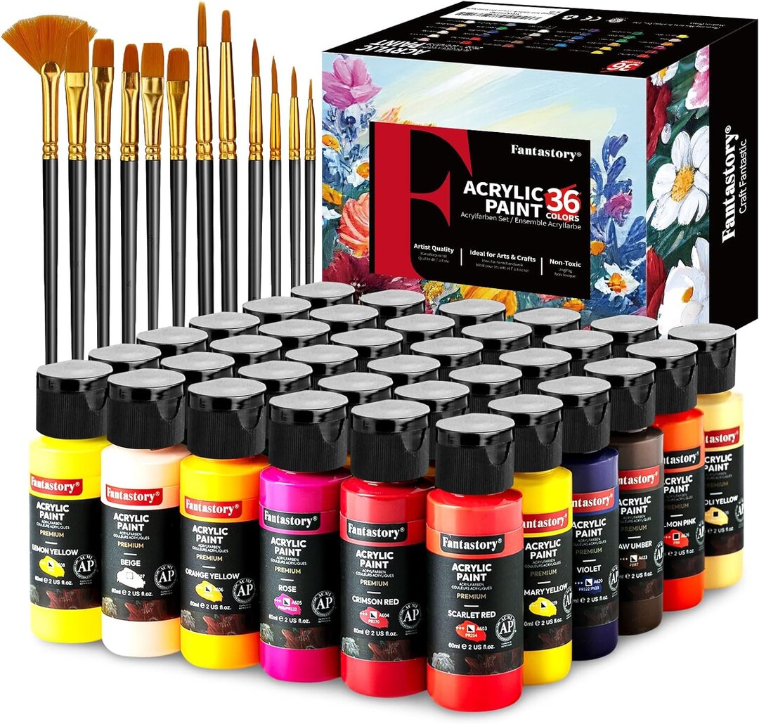 Acrylic Paint Set 36 Colors 60ml With 12 Brushes, Professional Craft ...