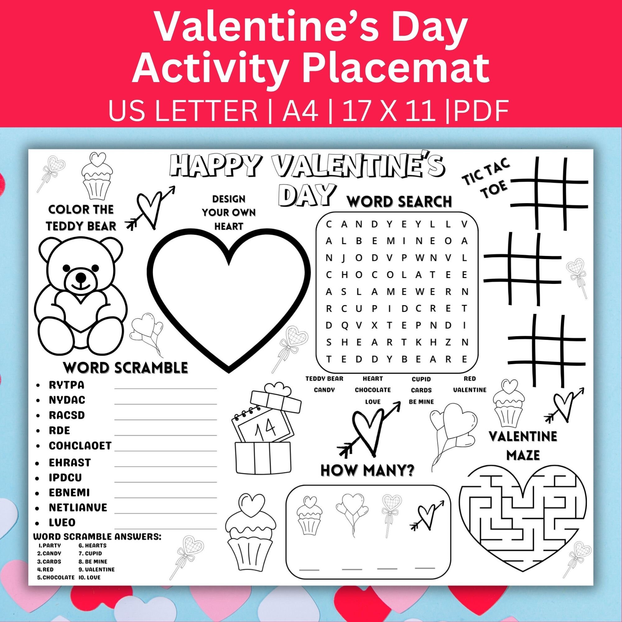 Valentine's Day Activity Placemat, Coloring Page for Kids, Classroom ...