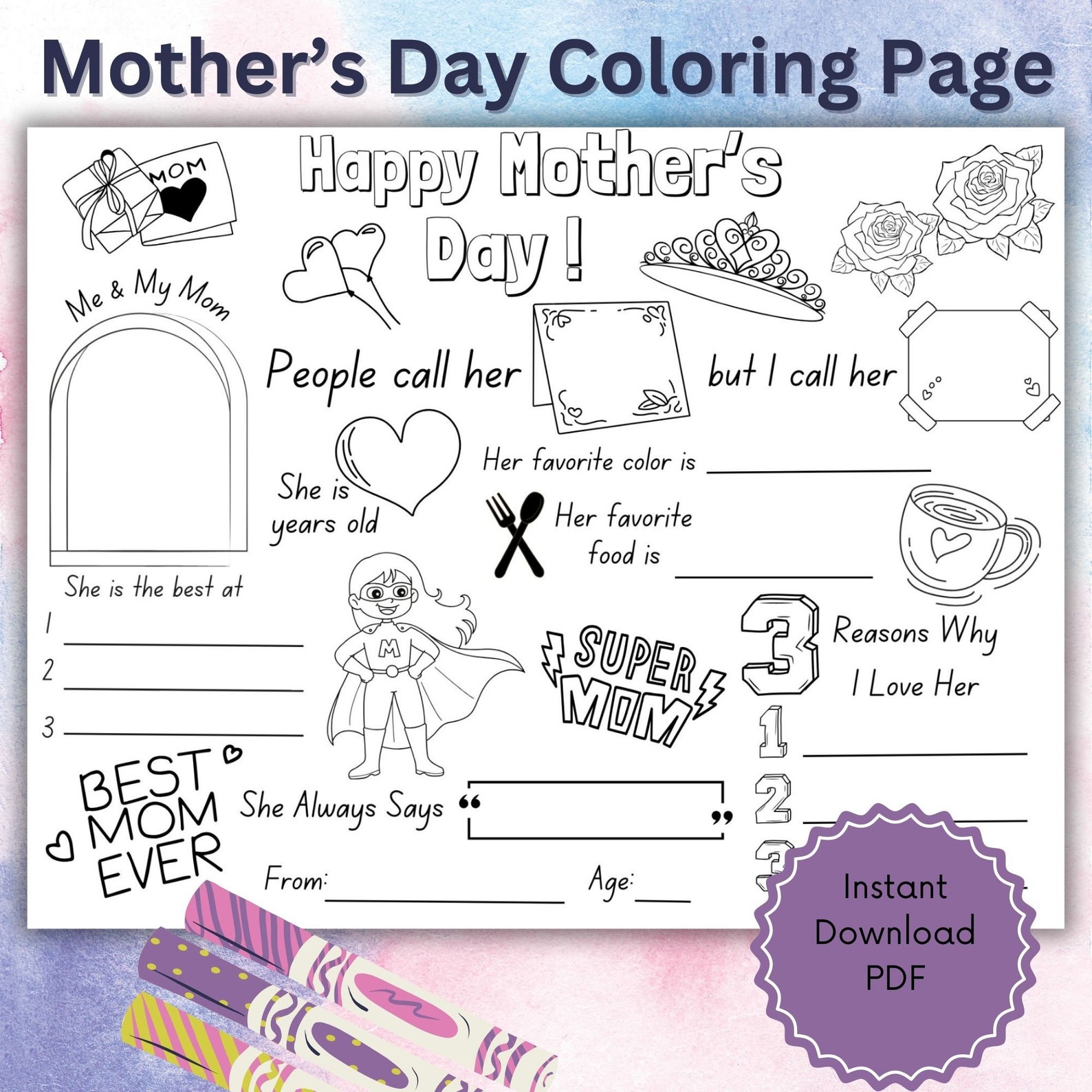 Happy Mother's Day Coloring Page, Kids Mother's Day Card to Mom, Mother ...