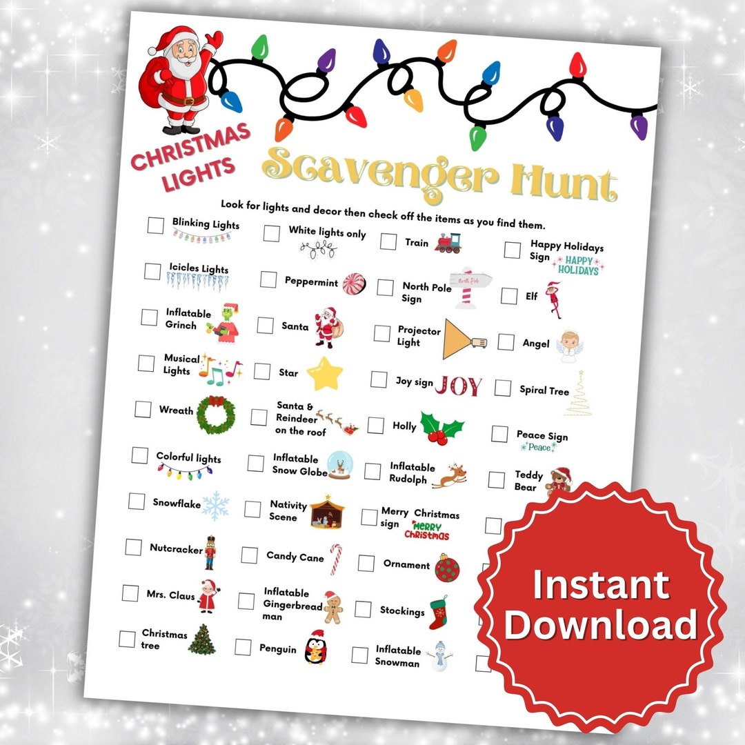 Christmas Lights Scavenger Hunt Printable, Kids Activity, Holiday ...