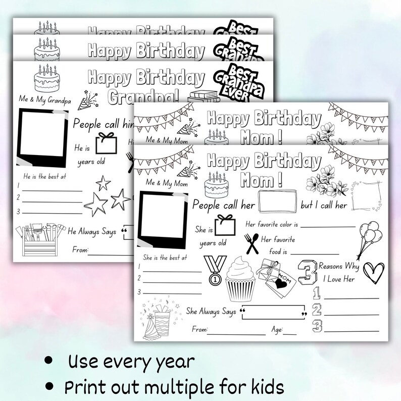 Happy Birthday Coloring Page, Kids Birthday Card to Mom, Dad, Grandpa ...