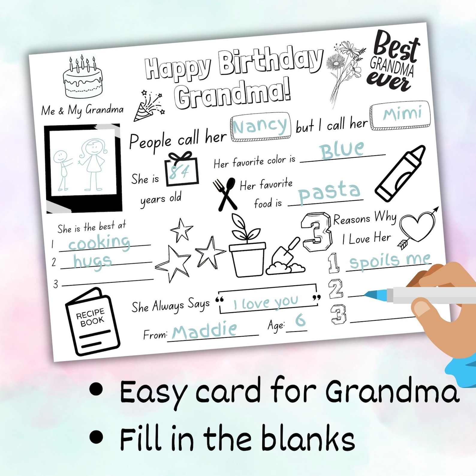 Happy Birthday Grandma Coloring Page, Kids Birthday Card to Grandma ...