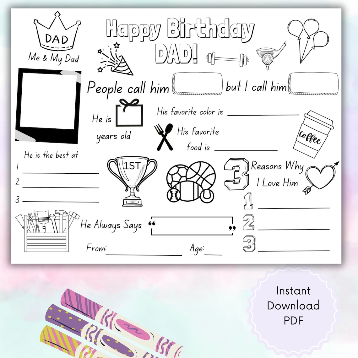 Happy Birthday Dad Coloring Page: Printable Kids Card (PDF) - Etsy
