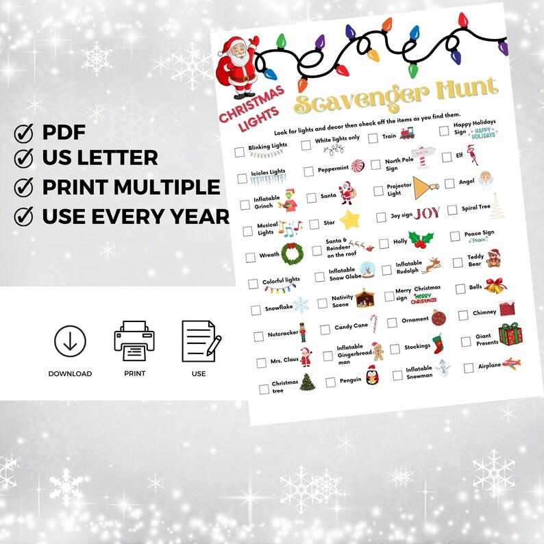 Christmas Lights Scavenger Hunt Printable, Kids Activity, Holiday ...