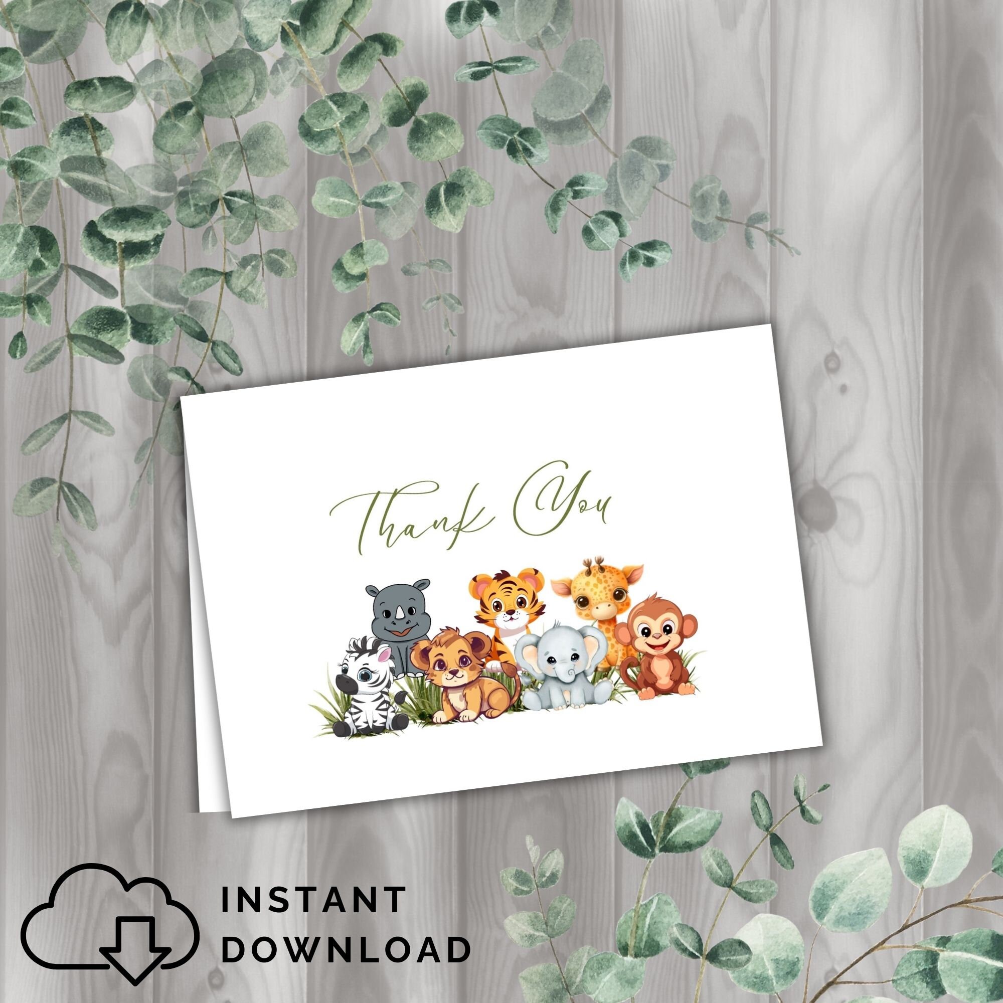 Safari Thank You Cards, Jungle Thank You Birthday Card Printable, Baby ...