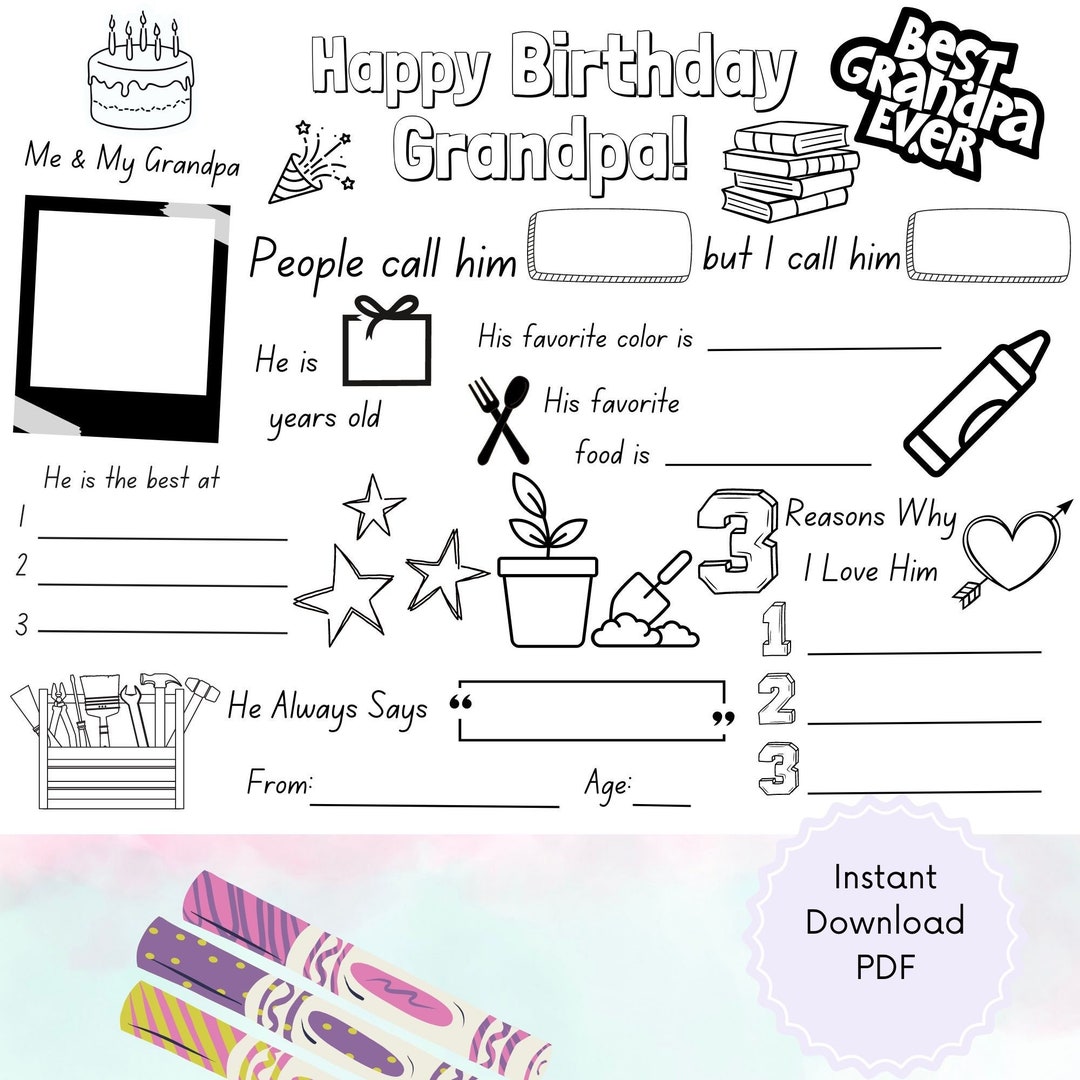 Happy Birthday Grandpa Coloring Page, Kids Birthday Card to Grandpa ...