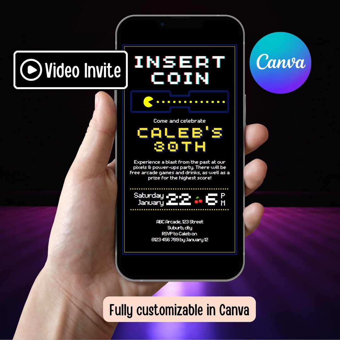 Video Invitation | Customizable Arcade Party Invitation | Insert Coin ...