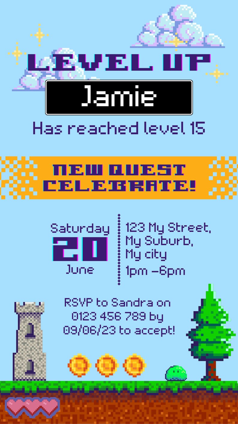 Customizable Pixel Art Party Invitation | Level up | New Quest | Video ...