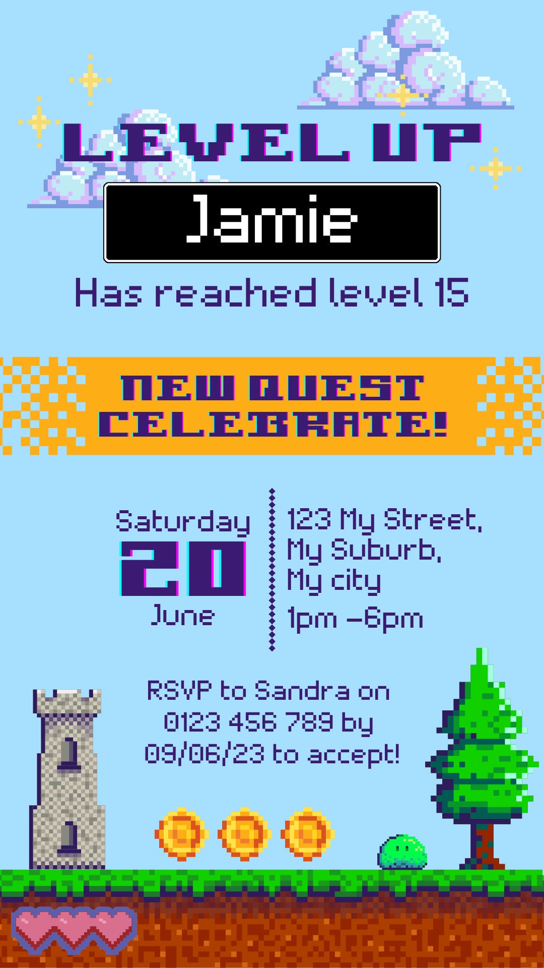 Customizable Pixel Art Party Invitation | Level up | New Quest | Video ...