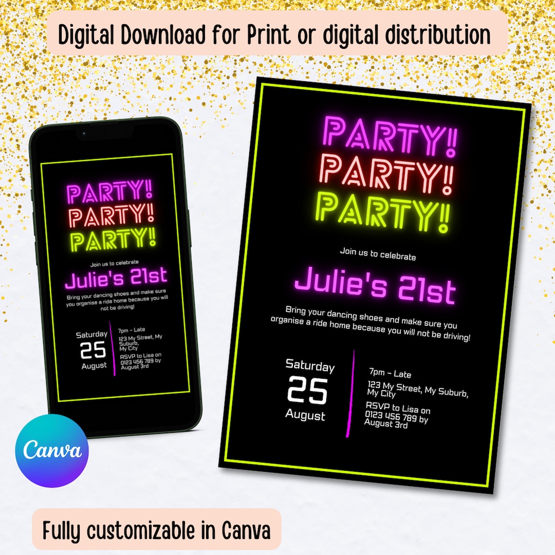 Customizable Neon Party Invitation | Digital and Printable Template - Etsy