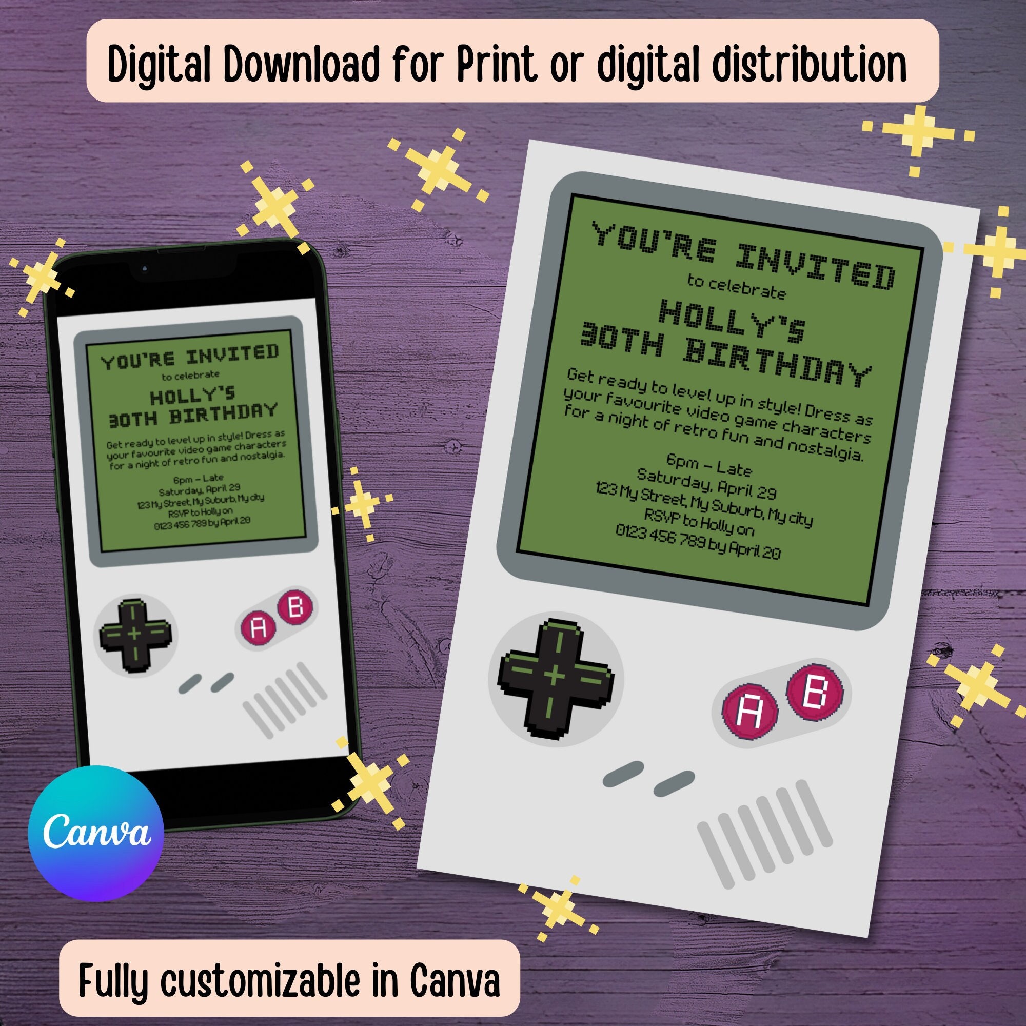 Customizable Retro Handheld Console Party Invitation | Digital and ...