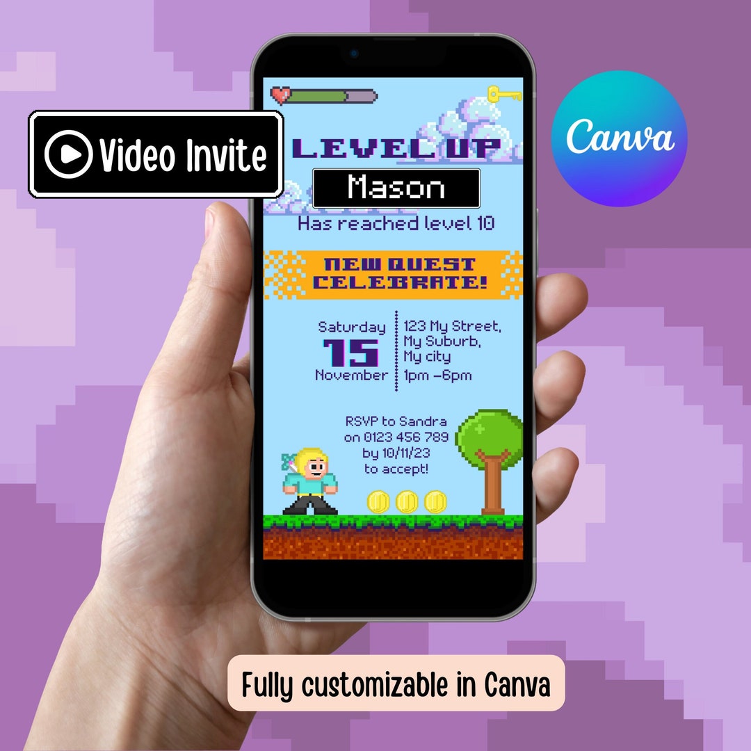 Video Invitation | Customizable Pixel Art Party Invitation | Level up ...
