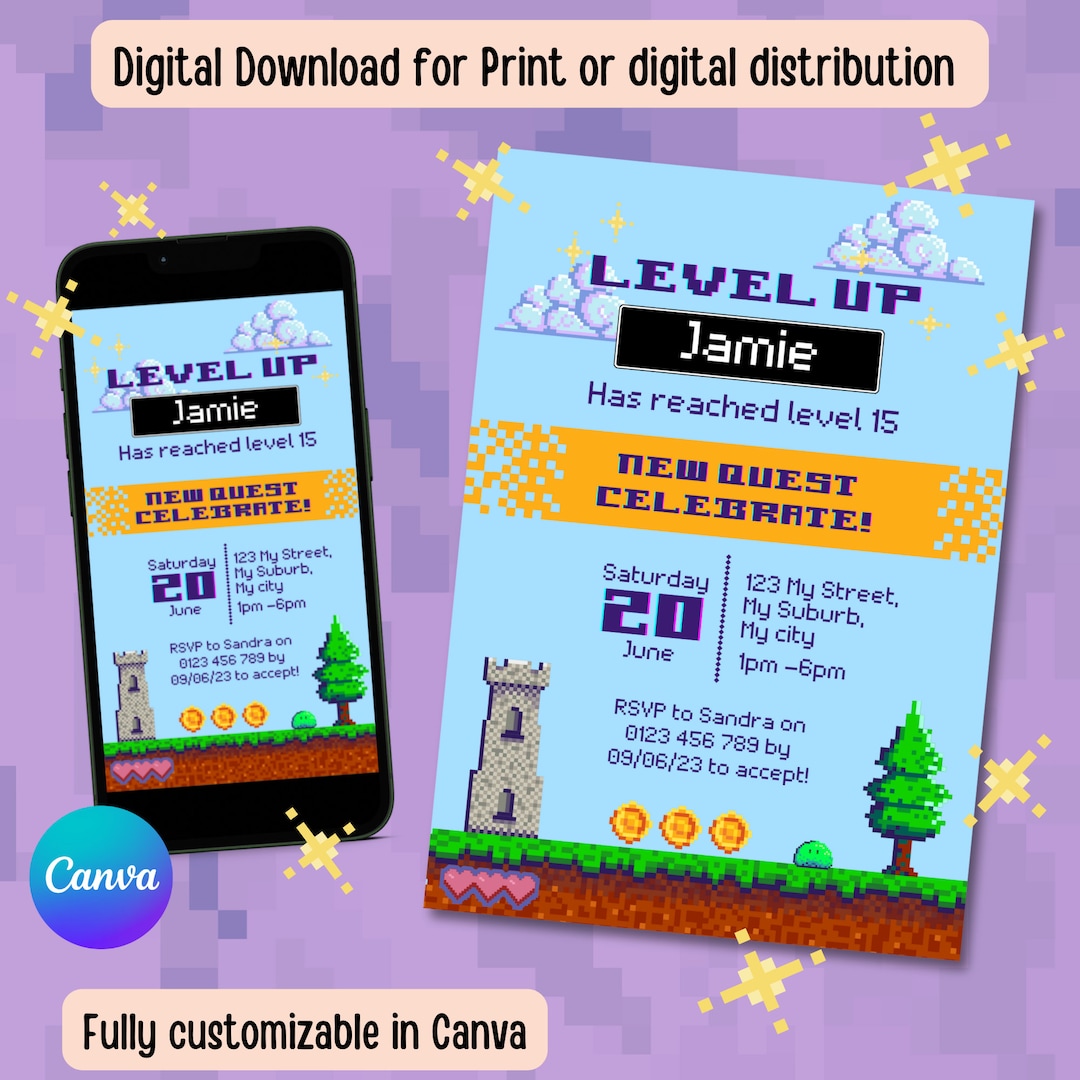 Customizable Pixel Art Party Invitation | Level up | New Quest | Video ...