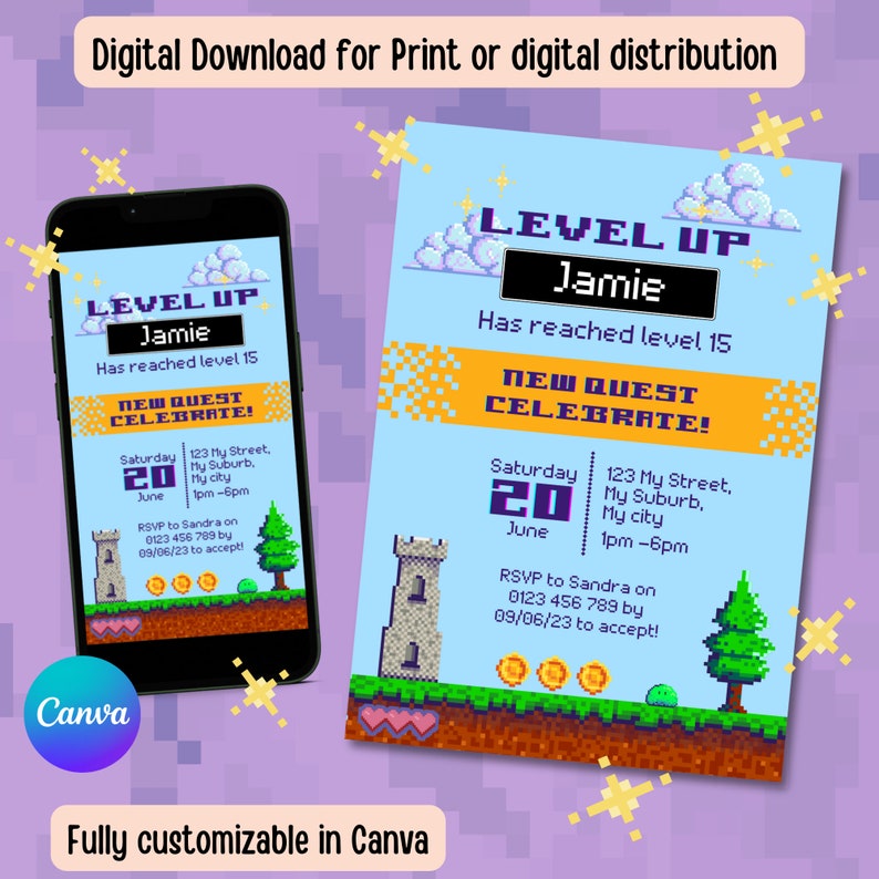 Customizable Pixel Art Party Invitation | Level up | New Quest | Video ...