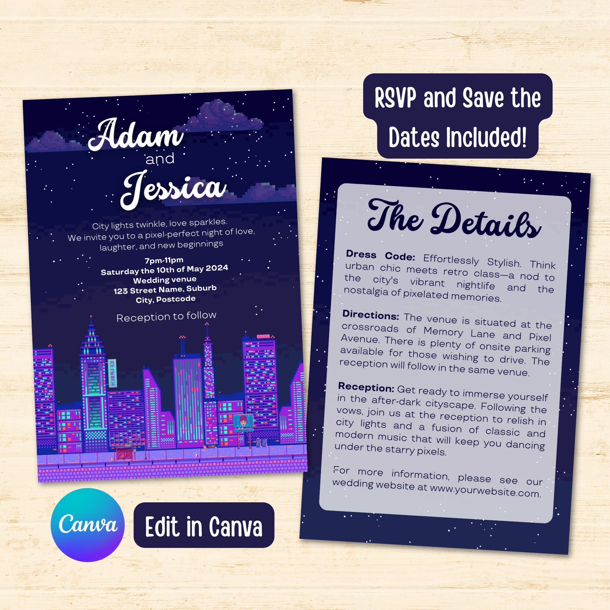 Retro Pixel Night City Wedding Invitation Suite | 8 Bit Video Game ...