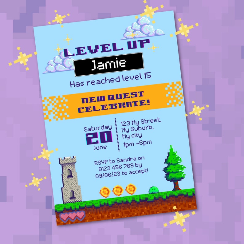 Customizable Pixel Art Party Invitation | Level up | New Quest | Video ...