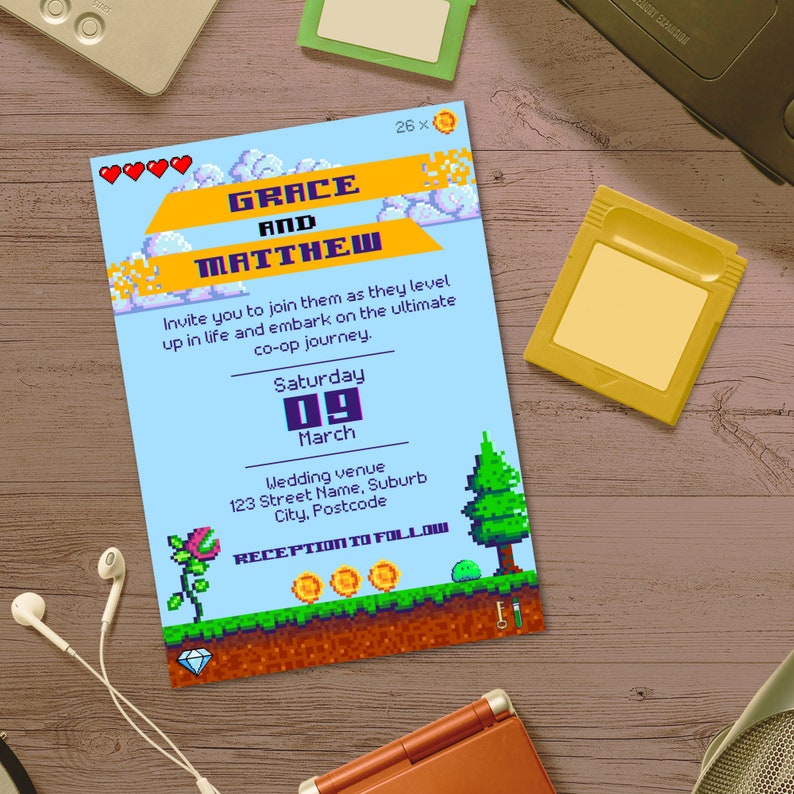 Retro Video Game Wedding Invitation Suite: 8-bit New Quest (digital ...