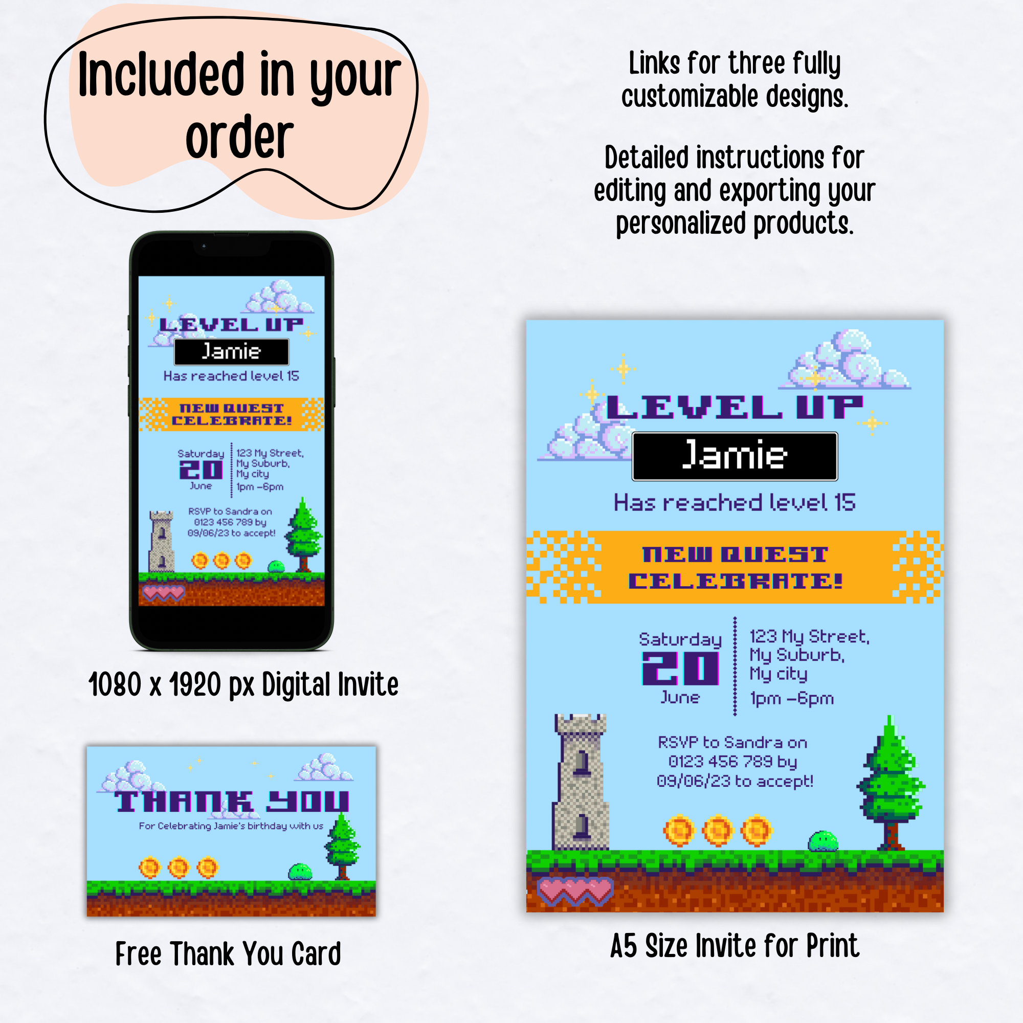 Customizable Pixel Art Party Invitation | Level up | New Quest | Video ...