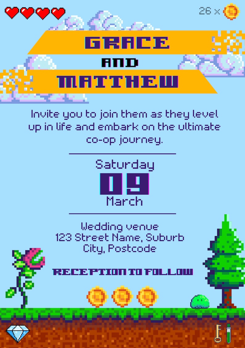 Retro Video Game Wedding Invitation Suite: 8-bit New Quest (digital ...