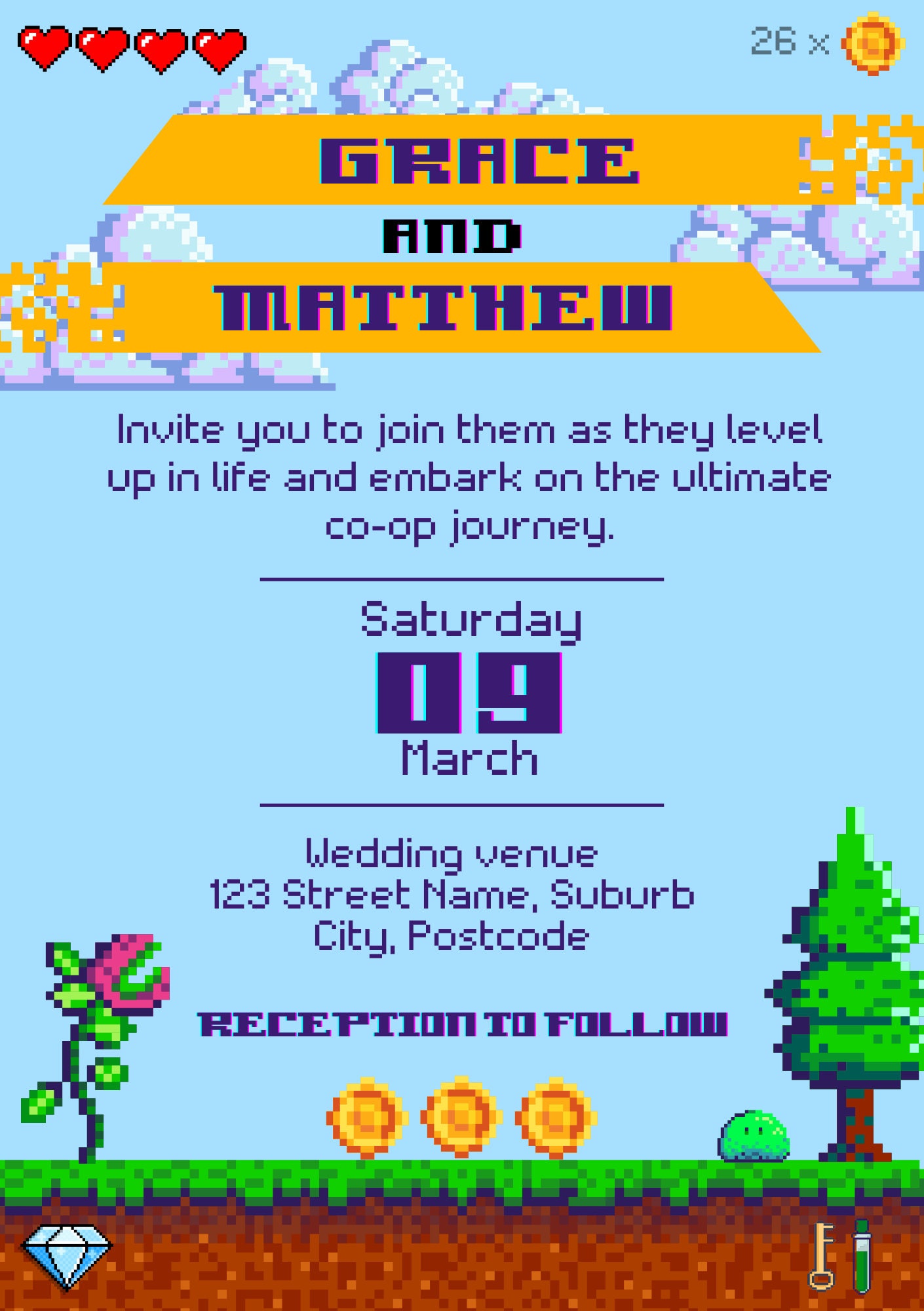 Retro Video Game Wedding Invitation Suite: 8-bit New Quest (digital ...