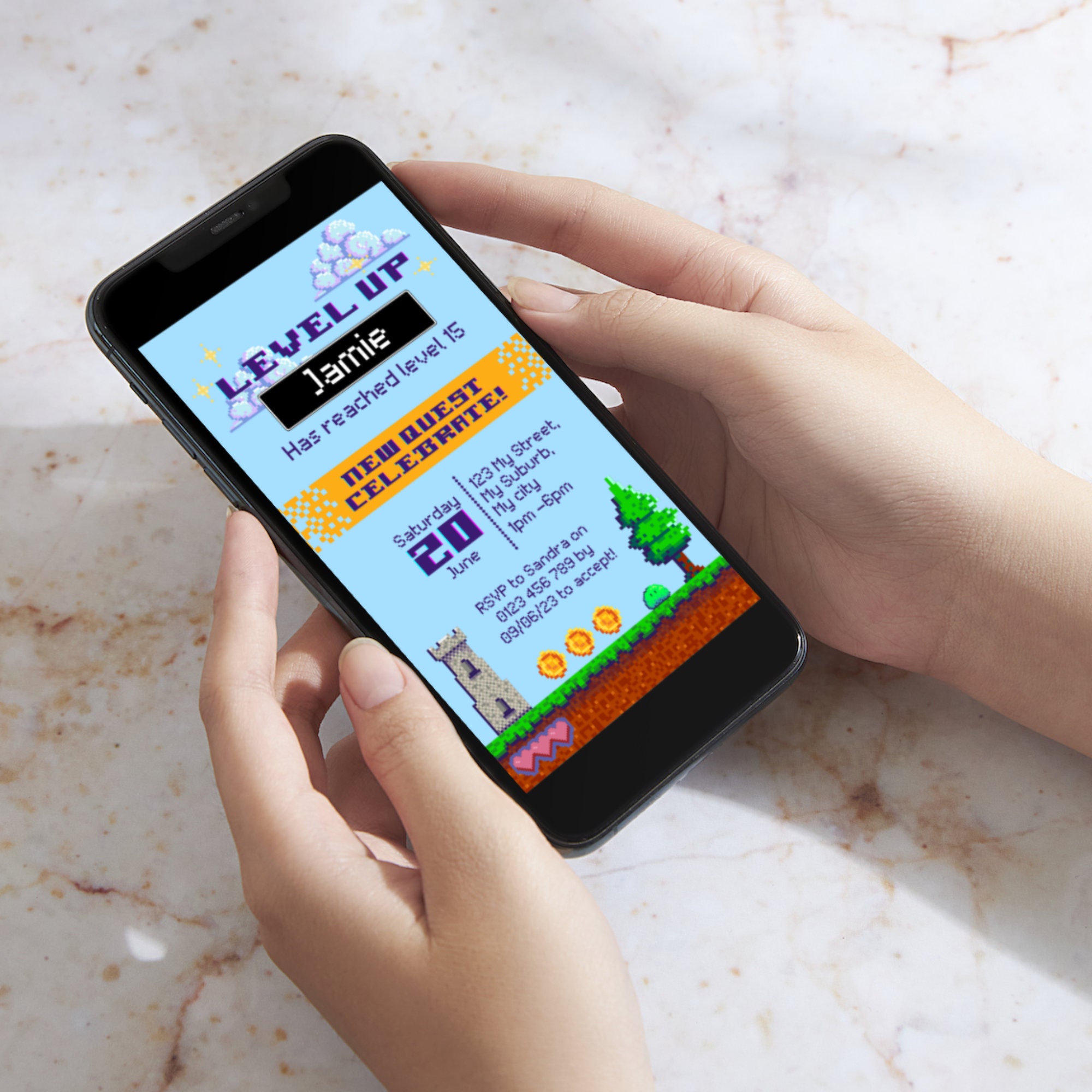 Customizable Pixel Art Party Invitation | Level up | New Quest | Video ...