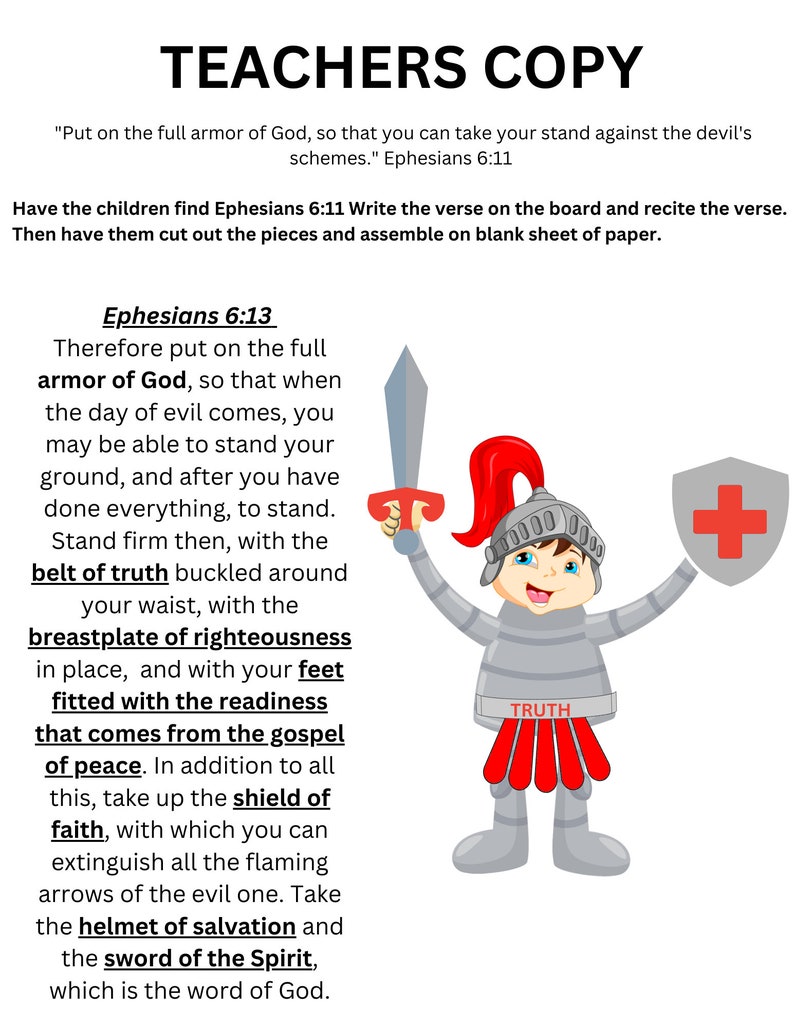 Armor of God Kids Cut & Paste Activity Bible Lesson Sunday School VBS ...