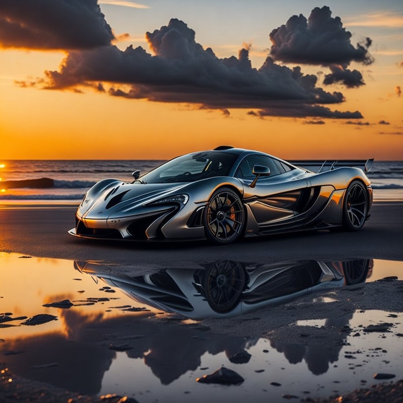 Mclaren P1 Grey Car Print Realistic Luxury Sport Car Wall Art Sunset ...
