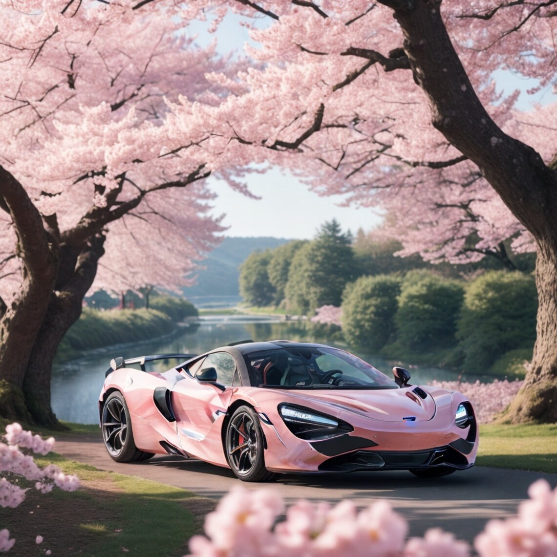Mclaren 720S Pink Car Print Cherry Blossom Scenery Car Wall Art ...