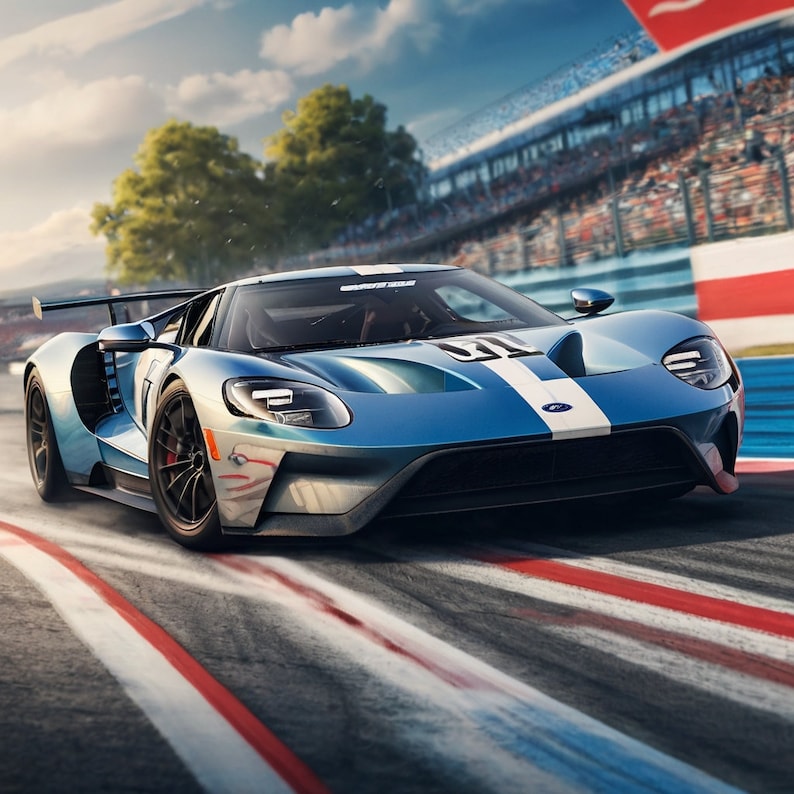 Ford GT Blue Racetrack Car Print White Strip Racing Car Wall Art ...
