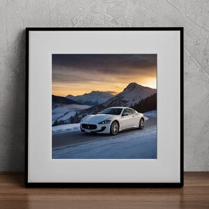 Maserati Granturismo White Snowy Alpine Mountains Car Print Realistic ...