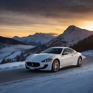 Maserati Granturismo White Snowy Alpine Mountains Car Print Realistic ...