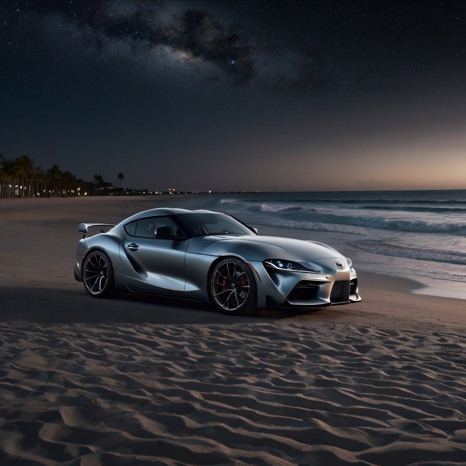 Toyota GR Supra Silver Car Print Moonlit Starry Beach Digital Car Art ...