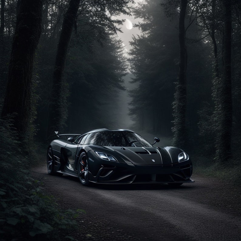 Koenigsegg Regera Black Car Print Realistic Dark Forest Car Wall Art ...