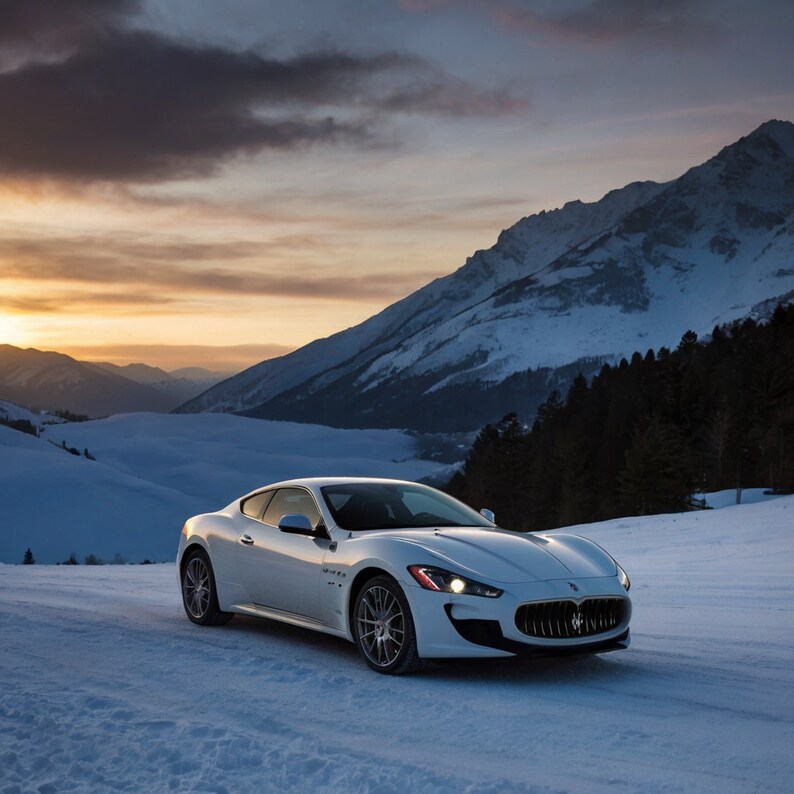 Maserati Granturismo White Snowy Alpine Mountains Car Print Realistic ...