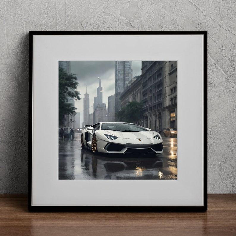 Lamborghini Aventador SVJ White Rainy Cityscape Car Print Realistic ...