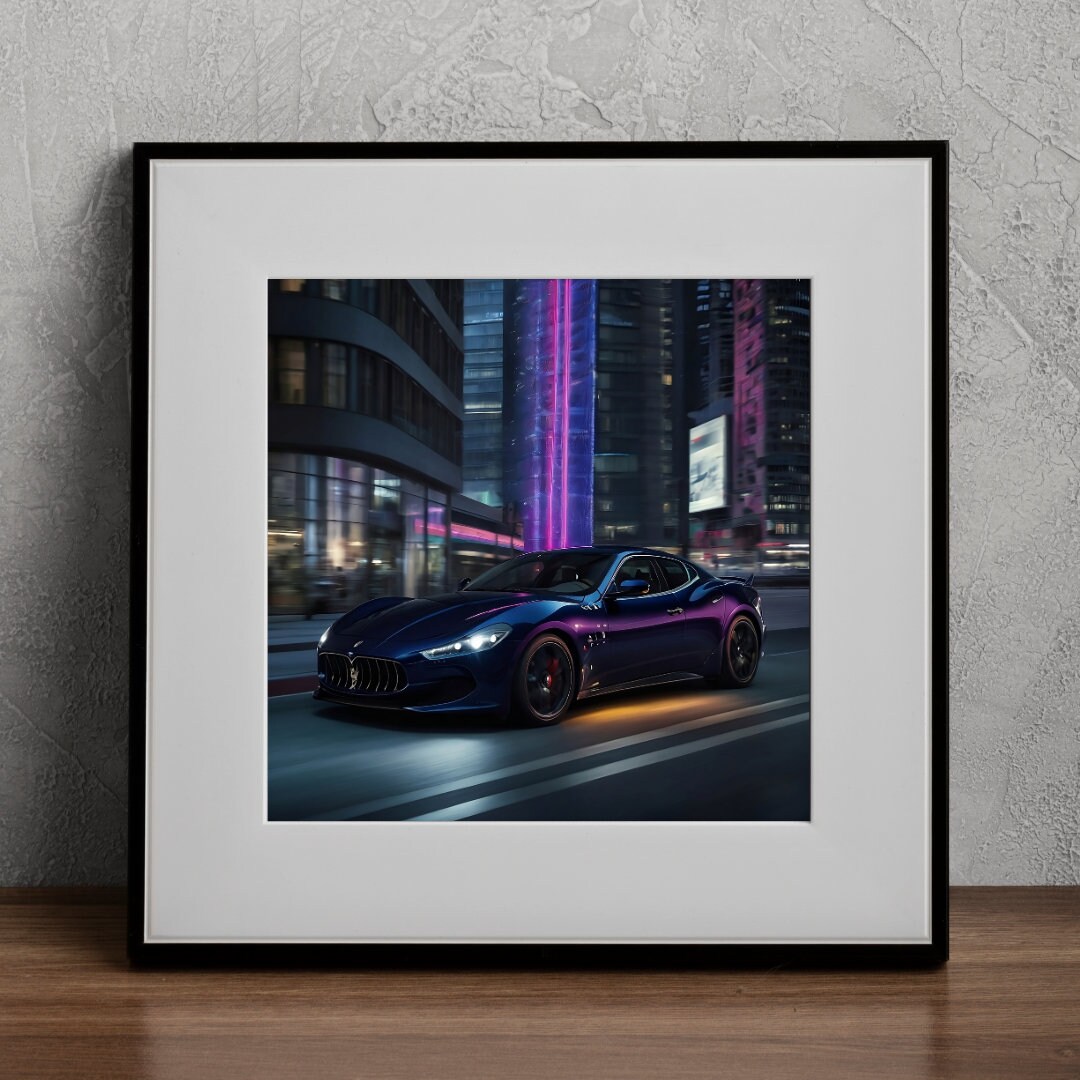 Maserati MC20 Dark Blue Car Print Realistic Nighttime City Car Wall Art ...