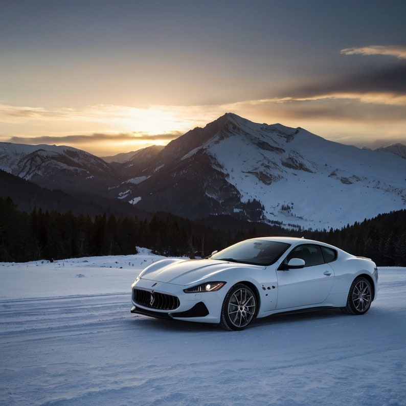 Maserati Granturismo White Snowy Alpine Mountains Car Print Realistic ...