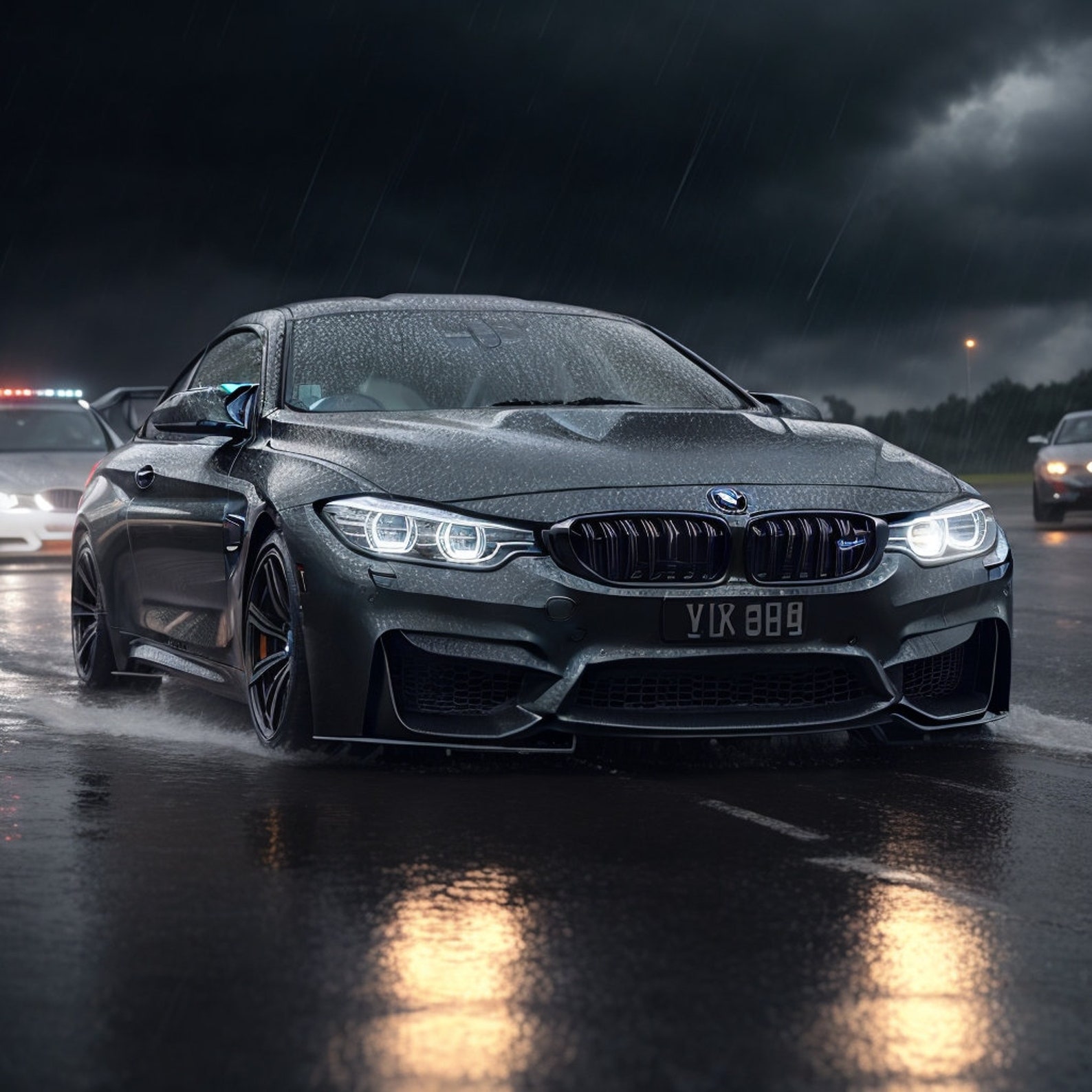 BMW M4 Black Car Print Realistic Sports Car Wall Art Dark Rainy Drive ...