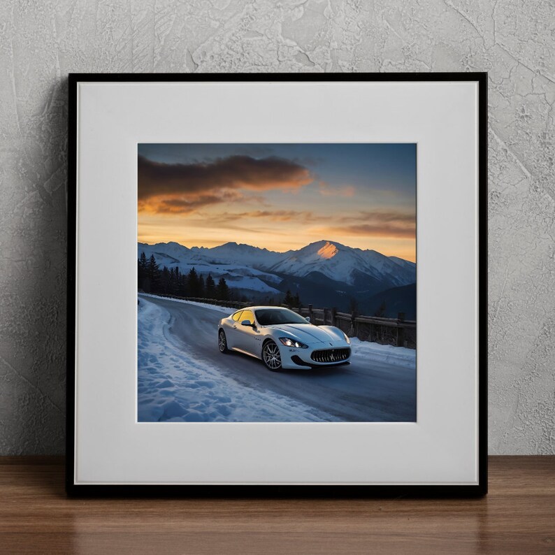 Maserati Granturismo White Snowy Alpine Mountains Car Print Realistic ...