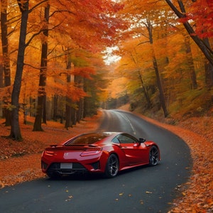 Honda NSX Autumn Forest Drive Car Print Realistic Vibrant Red Car Wall ...
