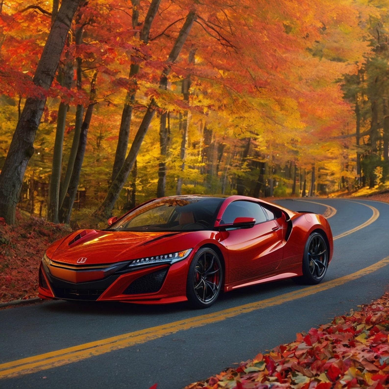 Honda NSX Autumn Forest Drive Car Print Realistic Vibrant Red Car Wall ...