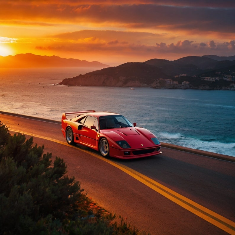 Ferrari F40 Red Car Print Aesthetic Italian Riviera Sunset Digital ...